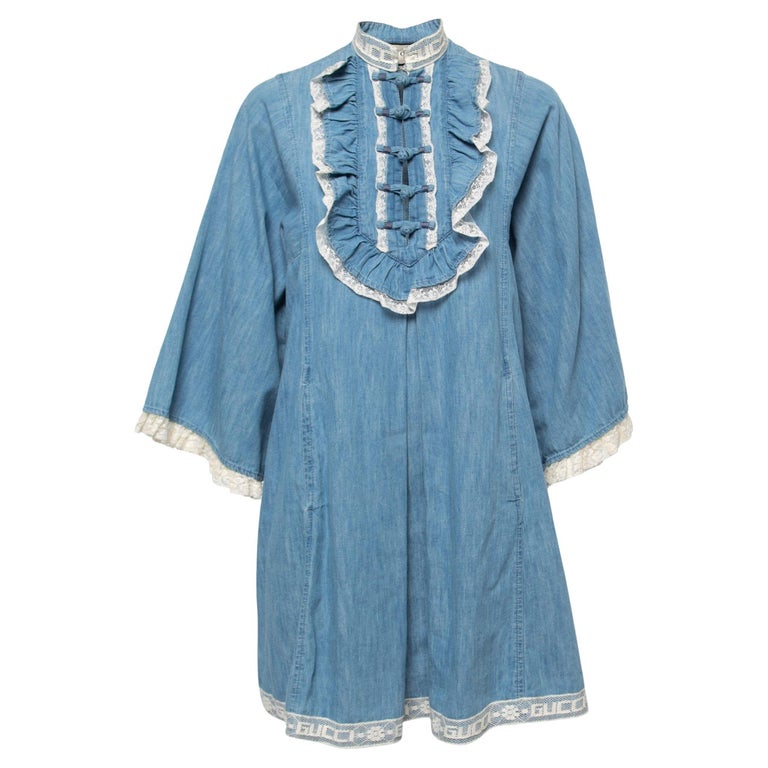 Gucci Blue Chambray Lace-Trimmed Tunic Dress S For Sale at 1stDibs
