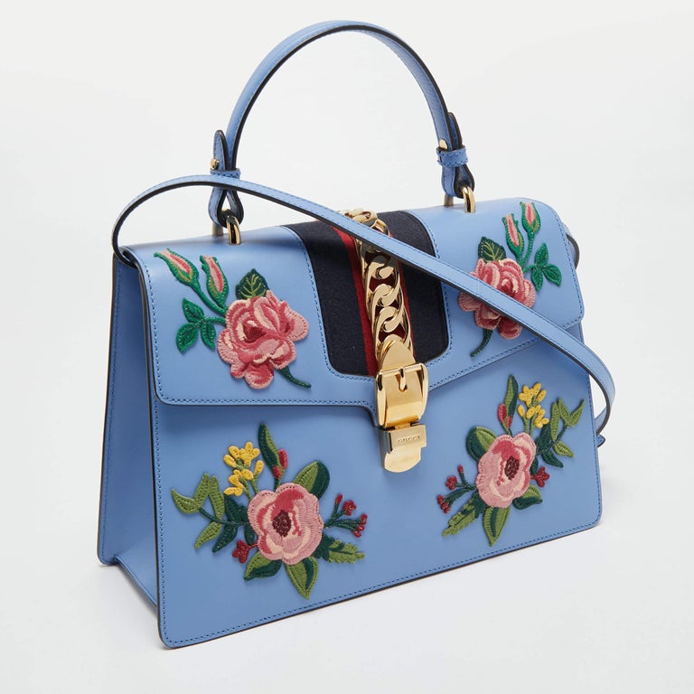 Gucci Blue Floral Embroidered Leather Medium Sylvie Top Handle Bag For ...