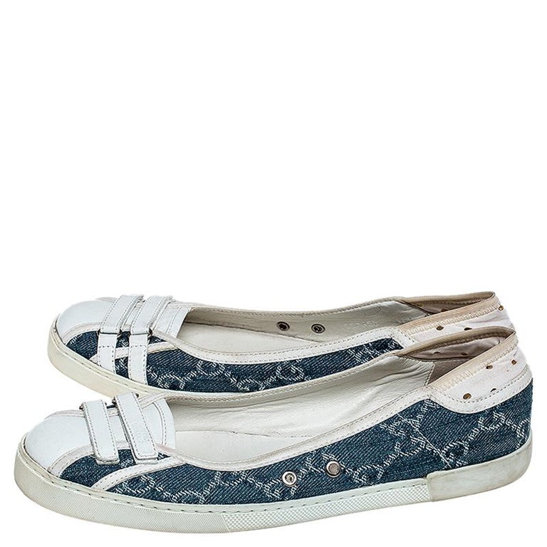 Gucci Blue GG Monogram Denim And White Leather Ballet Flats Size 36.5 ...