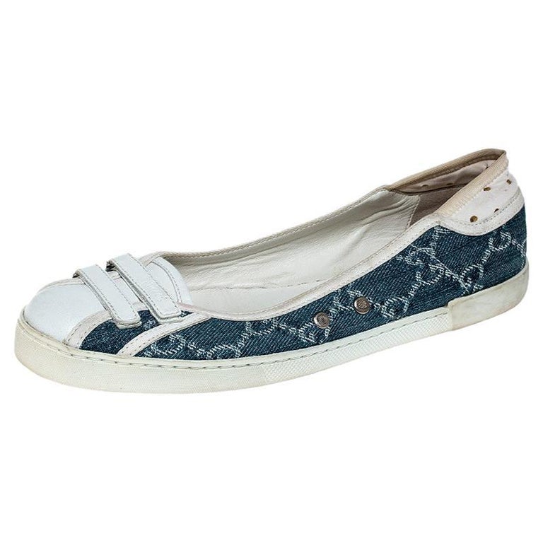 Gucci Blue GG Monogram Denim And White Leather Ballet Flats Size 36.5 ...