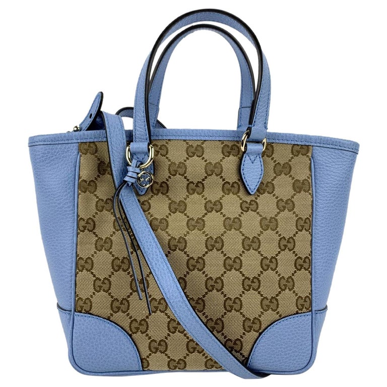 Gucci Blue Leather Beige Monogram Canvas Tote Bag with Strap For Sale ...