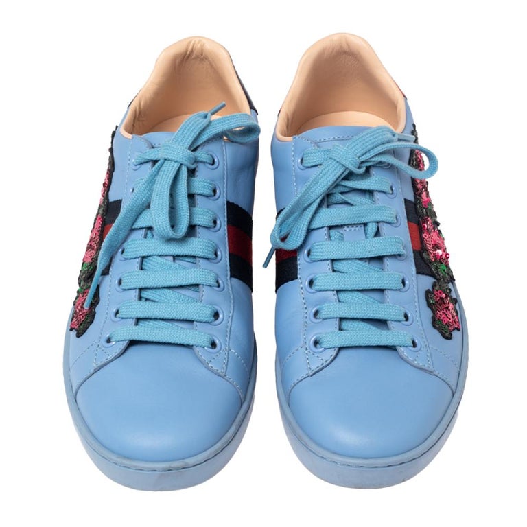 Gucci Blue Leather Floral Sequence Ace Sneakers Size 37.5 at 1stDibs