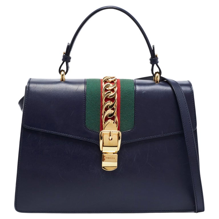 Gucci Blue Leather Medium Sylvie Top Handle Bag For Sale at 1stDibs