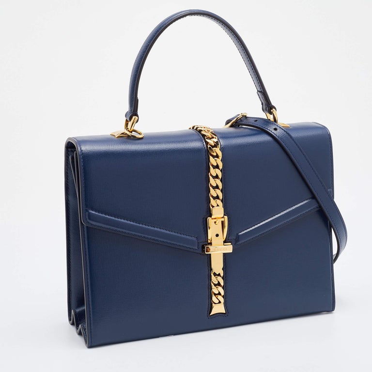 Gucci Blue Leather Small Sylvie Top Handle Bag For Sale at 1stDibs