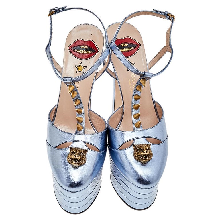 Gucci Blue Leather Spike-Embellished Platform Sandals Size 37.5 at 1stDibs