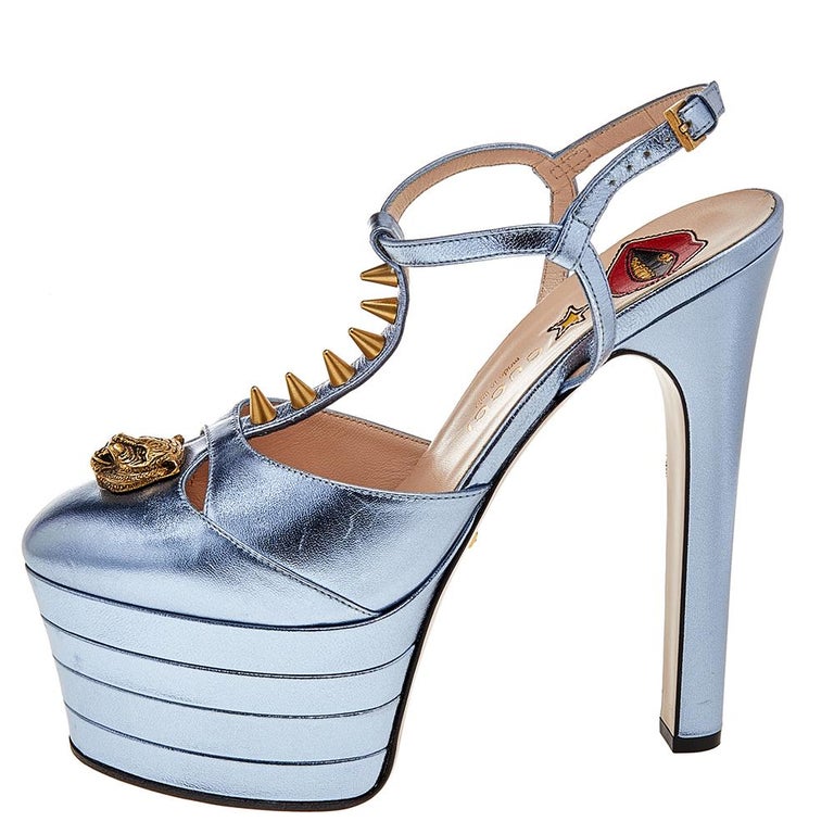 Gucci Blue Leather Spike-Embellished Platform Sandals Size 37.5 For ...