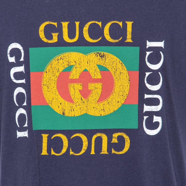Gucci Blue Logo Printed Crew Neck T-Shirt L For Sale at 1stDibs