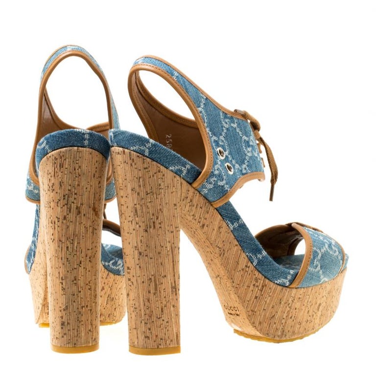 Gucci Blue Monogram Denim Cork Platform Sandals Size 38.5 For Sale at ...