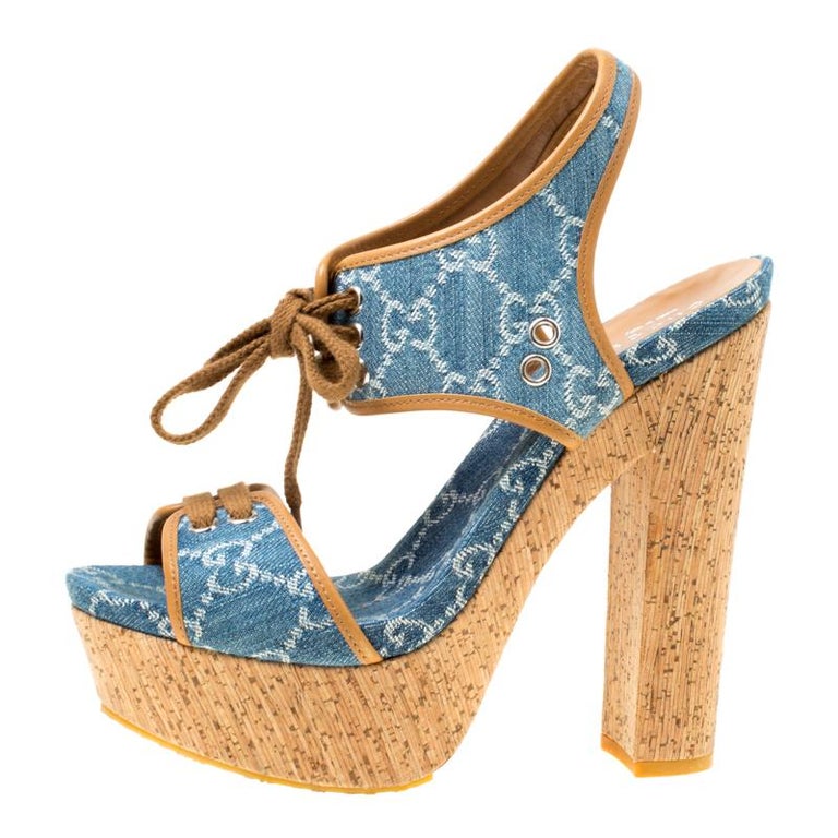 Gucci Blue Monogram Denim Cork Platform Sandals Size 38.5 For Sale at ...