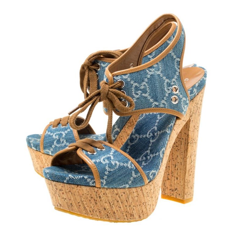 Gucci Blue Monogram Denim Cork Platform Sandals Size 38.5 For Sale at ...