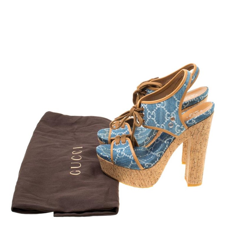 Gucci Blue Monogram Denim Cork Platform Sandals Size 38.5 For Sale at ...