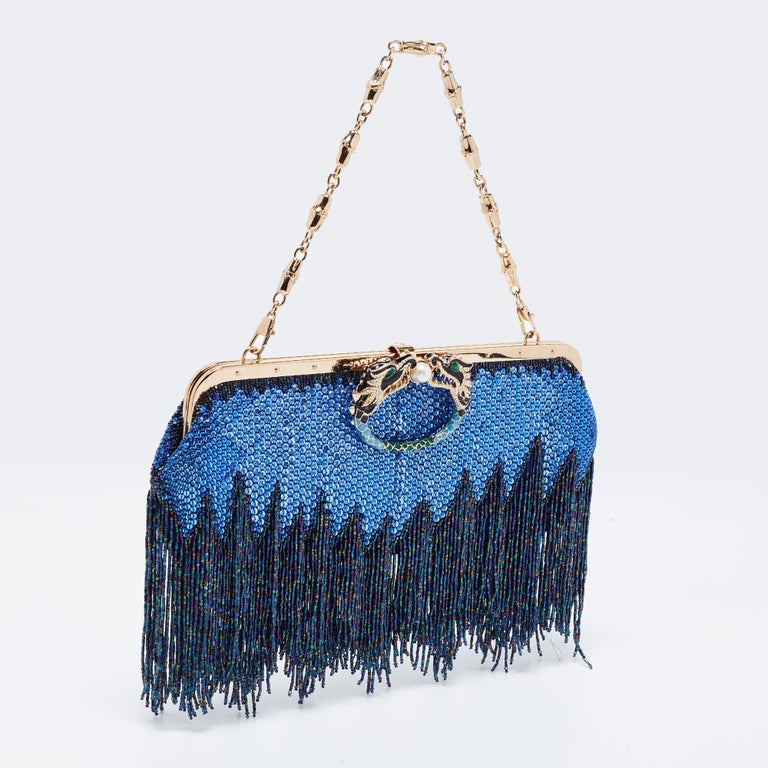 Gucci Blue/Purple Sequin and Satin Fringe Dragon Embellished Evening ...