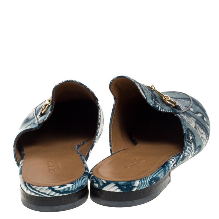 Gucci Blue Satin And Leather Horsebit Princetown Mules Size 39.5 at 1stDibs