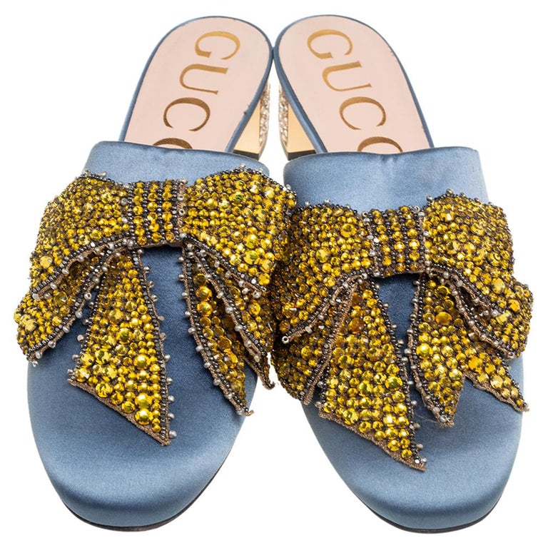 Gucci Blue Satin Candy Bow Embellished Mules Size 41 at 1stDibs