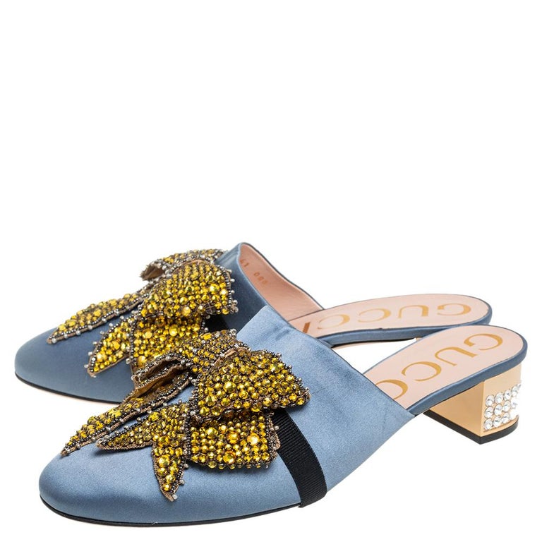 Gucci Blue Satin Candy Bow Embellished Mules Size 41 at 1stDibs