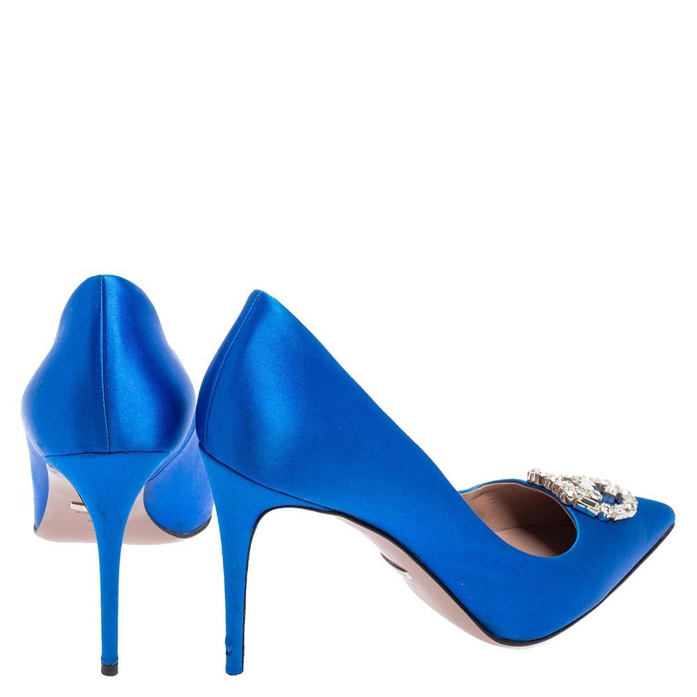 Gucci Blue Satin Crystal Interlocking G Pointe Toe Pumps Size 40 at ...