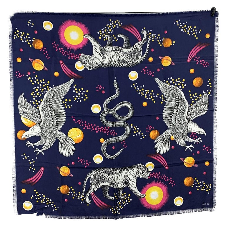 Gucci Blue Silk Space Animals Print Square Scarf 90 x 90 For Sale at ...
