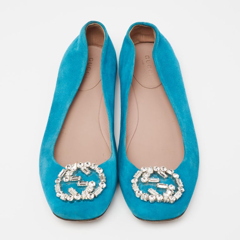 Gucci Blue Suede Crystal GG Ballet Flats Size 37.5 For Sale at 1stDibs