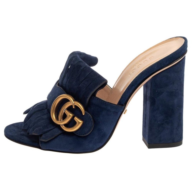Gucci Blue Suede GG Marmont Fringe Mules Size 35 at 1stDibs