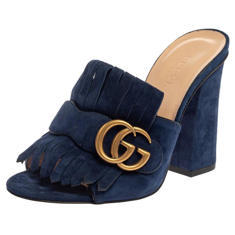Gucci Blue Suede GG Marmont Fringe Mules Size 35 at 1stDibs | gucci ...