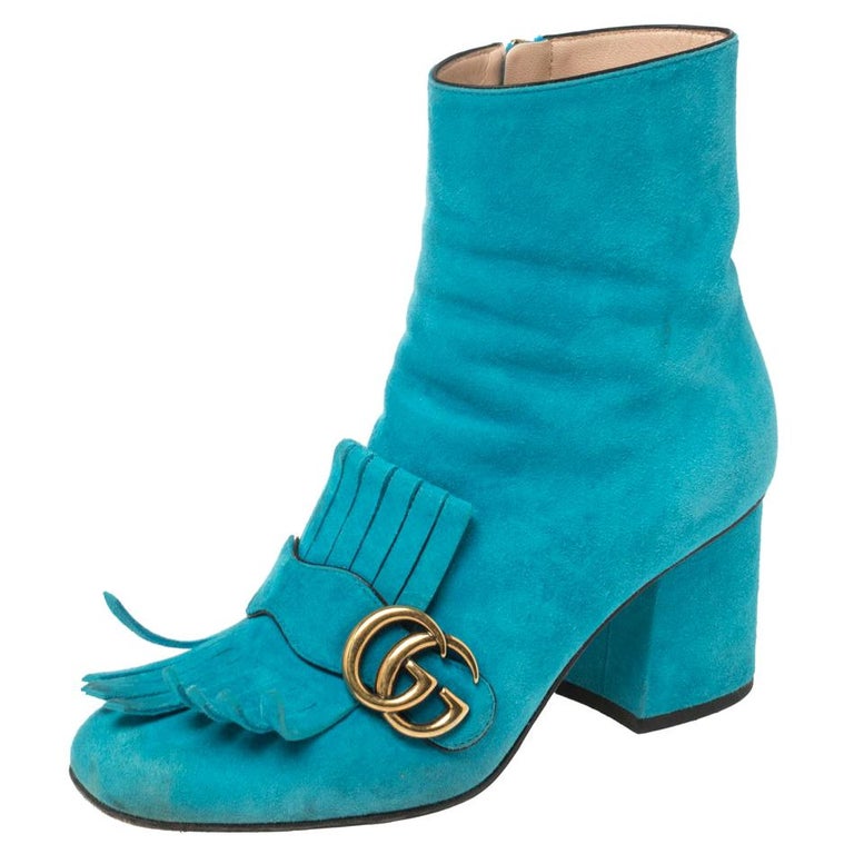 Gucci Blue Suede Marmont Fringe Detail Ankle Boots Size 37 at 1stDibs
