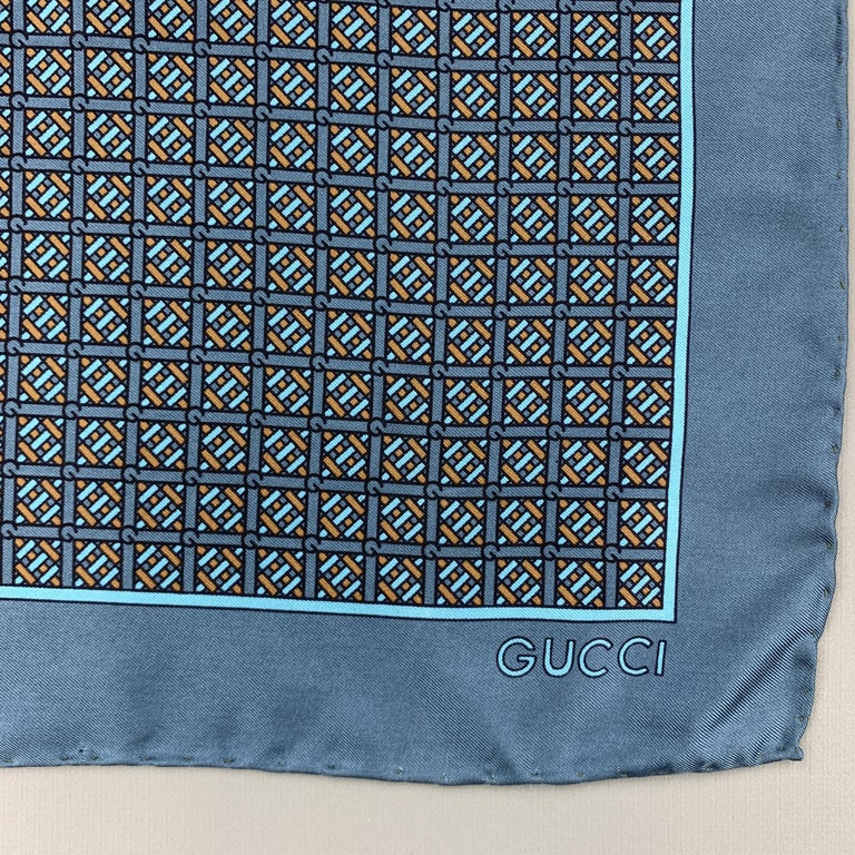 GUCCI Blue and Taupe Interlock G Monogram Silk Pocket Square at 1stDibs