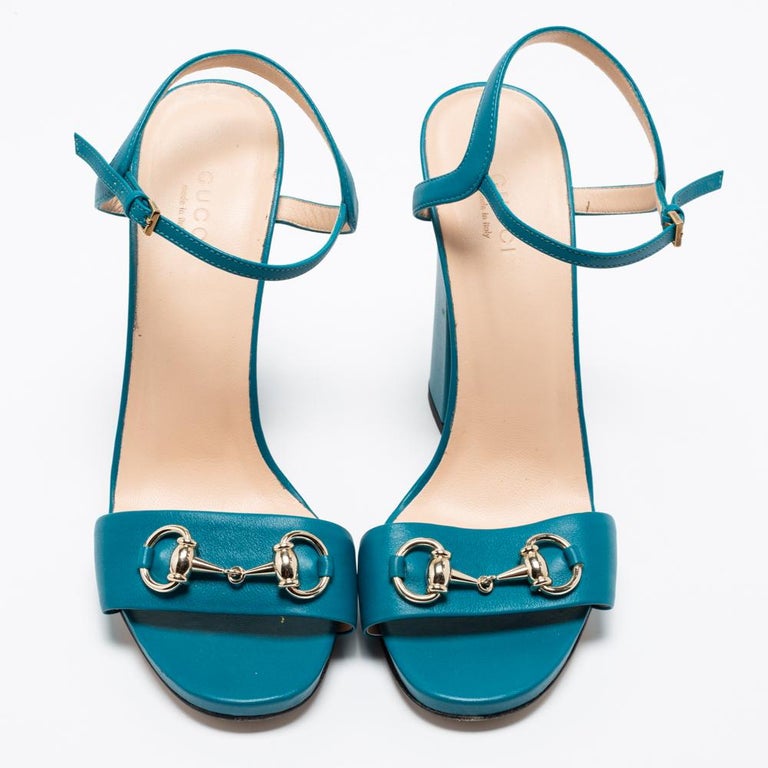 Gucci Blue Turquoise Leather Horsebit Block Heel Ankle-Strap Sandals ...