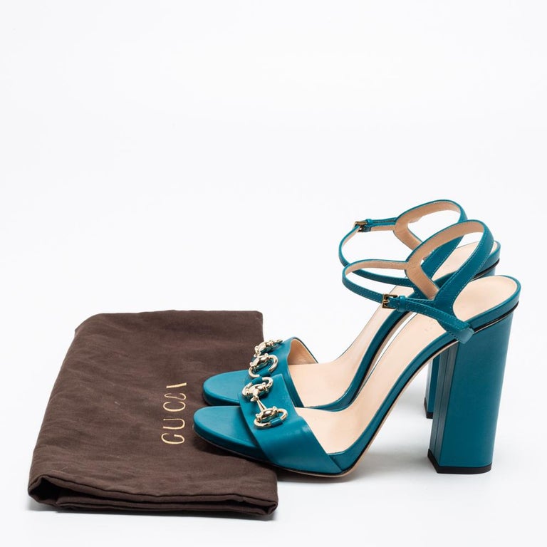 Gucci Blue Turquoise Leather Horsebit Block Heel Ankle-Strap Sandals ...