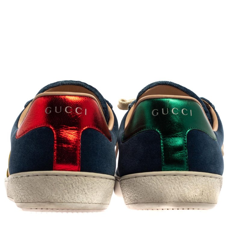 Gucci Blue Velvet And Leather Web Ace Sneakers Size 41.5 at 1stDibs