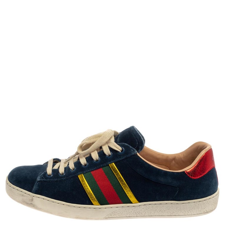 Gucci Blue Velvet And Leather Web Ace Sneakers Size 41.5 at 1stDibs