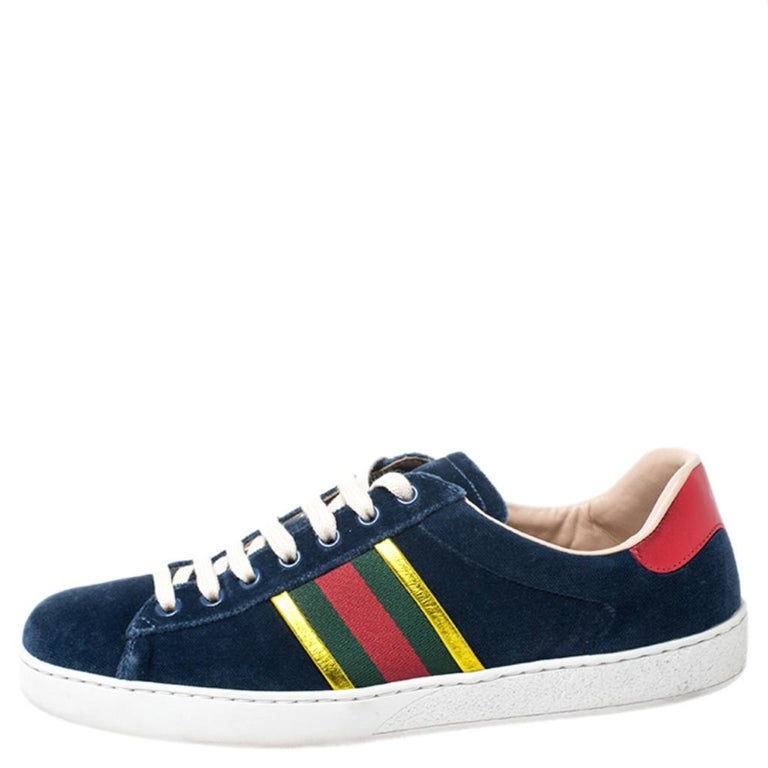 Gucci Blue Velvet And Red/Green Foil Leather Web Detail Ace Sneakers ...
