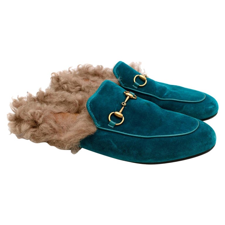 Gucci Blue Velvet Shearling Lined Princetown Slippers - Size EU 39 For ...