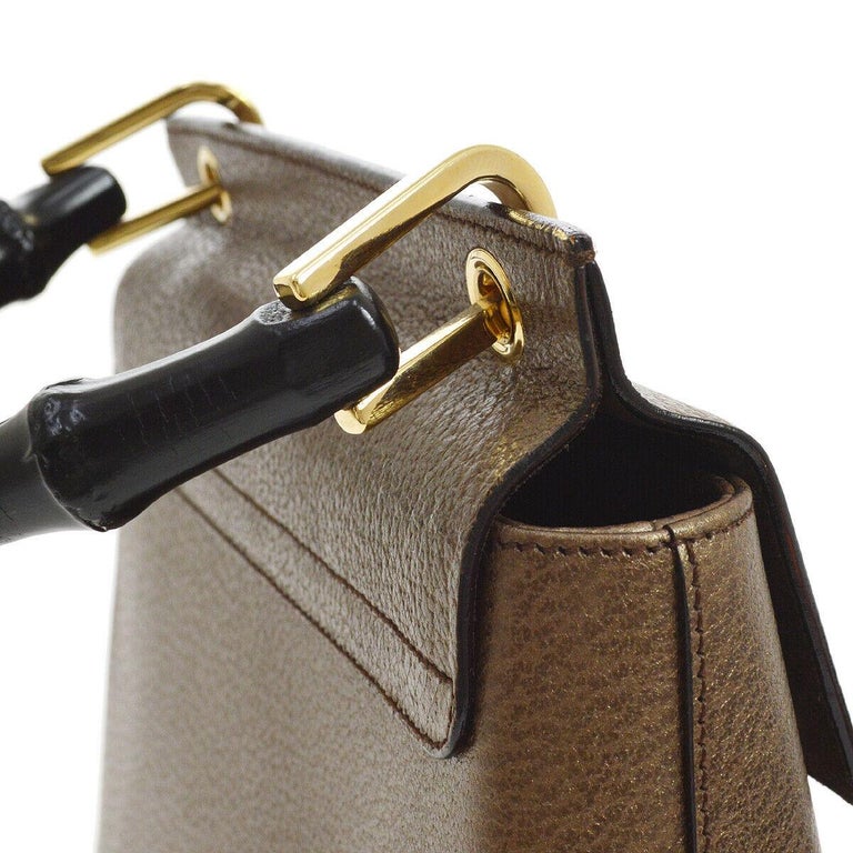Gucci Bronze Leather Bamboo Top Handle Satchel Kelly Style Evening Flap ...