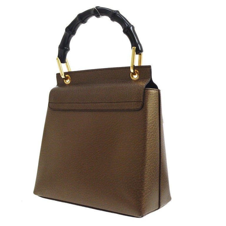 Gucci Bronze Leather Bamboo Top Handle Satchel Kelly Style Evening Flap ...