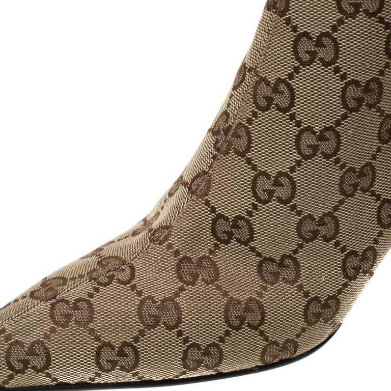 Gucci Brown And Beige GG Monogram Canvas Pointed Toe Ankle Boots Size ...