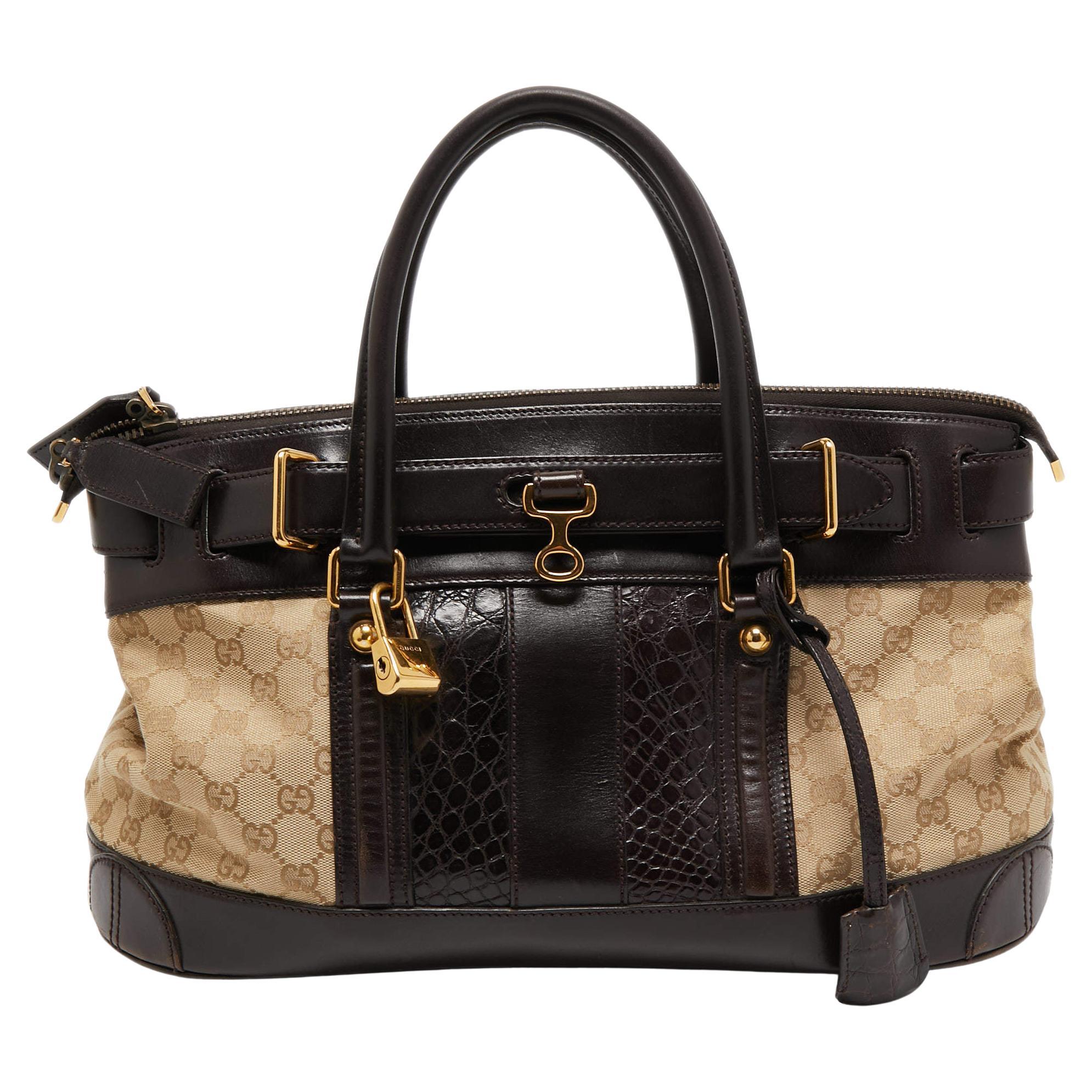 Gucci Brown/Beige GG Canvas and Alligator Leather Secret Web Tote For ...