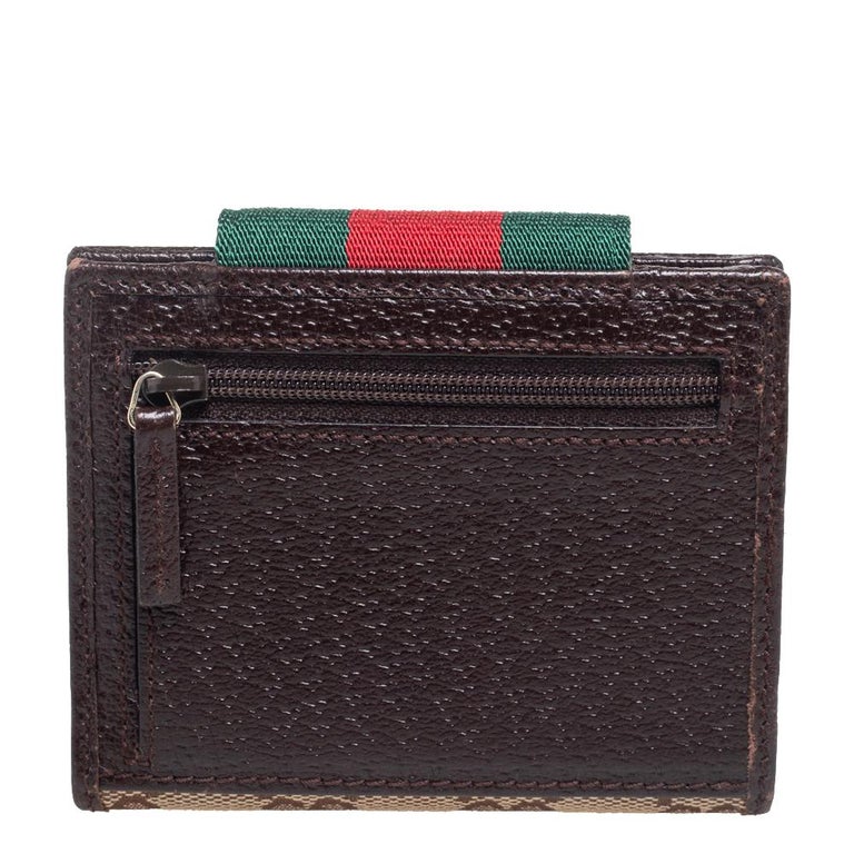 Gucci Brown/Beige GG Canvas and Leather Web Flap Compact Wallet at 1stDibs