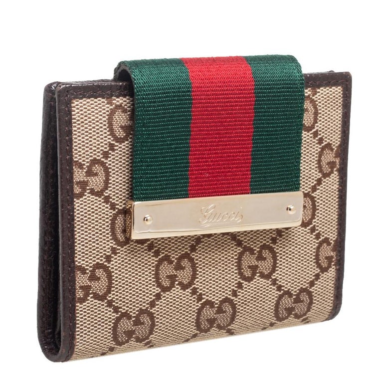 Gucci Brown/Beige GG Canvas and Leather Web Flap Compact Wallet at 1stDibs