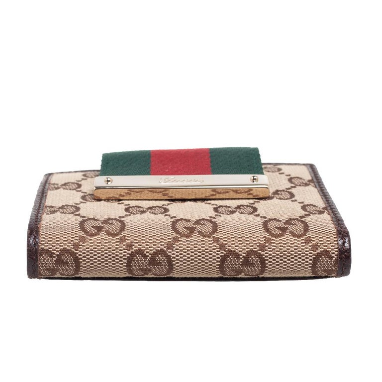 Gucci Brown/Beige GG Canvas and Leather Web Flap Compact Wallet at 1stDibs