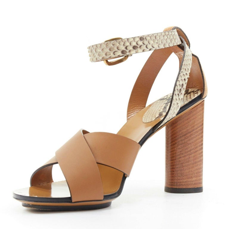 GUCCI brown cross strap python ankle strap chunky wooden heel sandal ...
