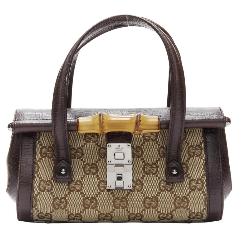 GUCCI brown GG monogram canvas bamboo buckle small top handle bag For ...