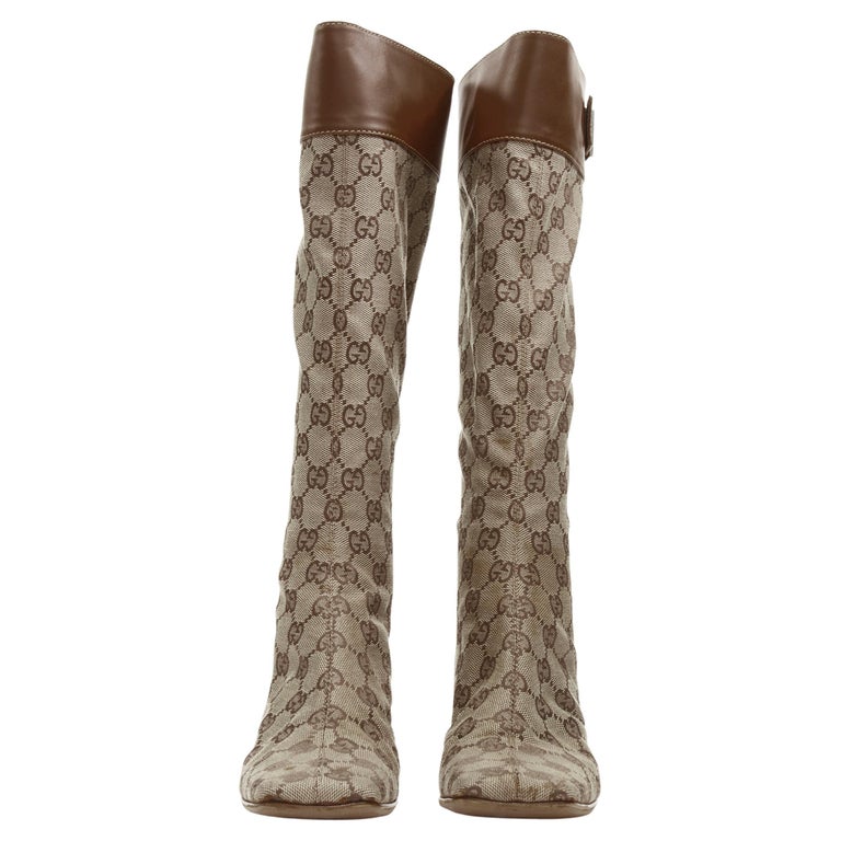 GUCCI brown GG monogram canvas leather buckle wooden block heel boots ...