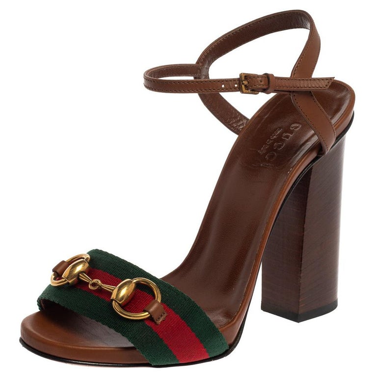 Gucci Brown Leather And Horsebit Web Stripe Detail Ankle Strap Sandals ...