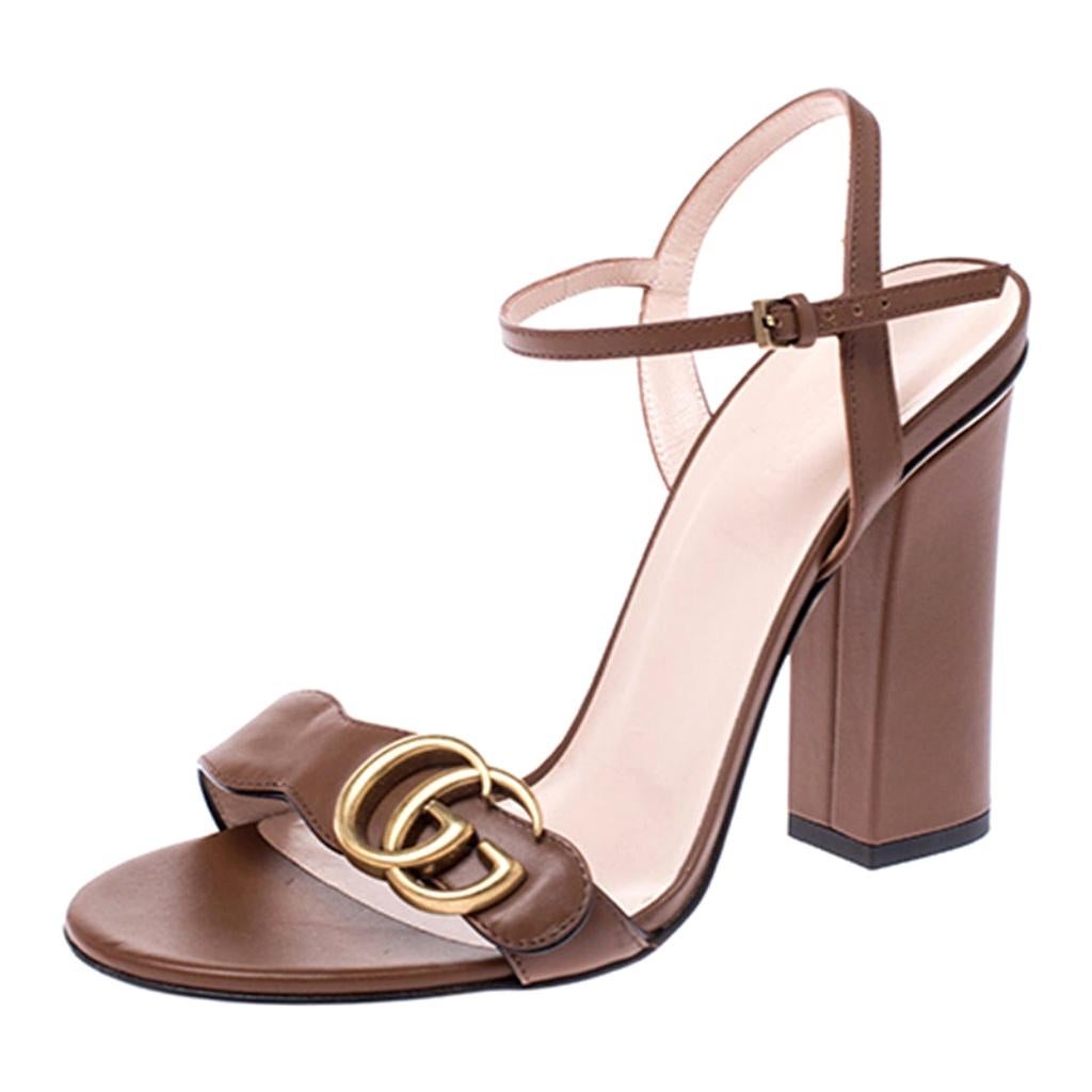 Gucci Brown Leather GG Block Heel Ankle Strap Sandals Size 37 For Sale ...