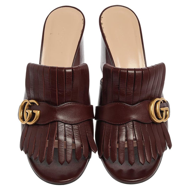 Gucci Brown Leather GG Marmont Fringe Mules Size 41 at 1stDibs | gucci ...