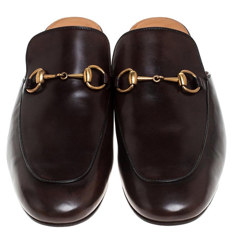 Gucci Brown Leather Horsebit Mules Size 44 For Sale at 1stDibs