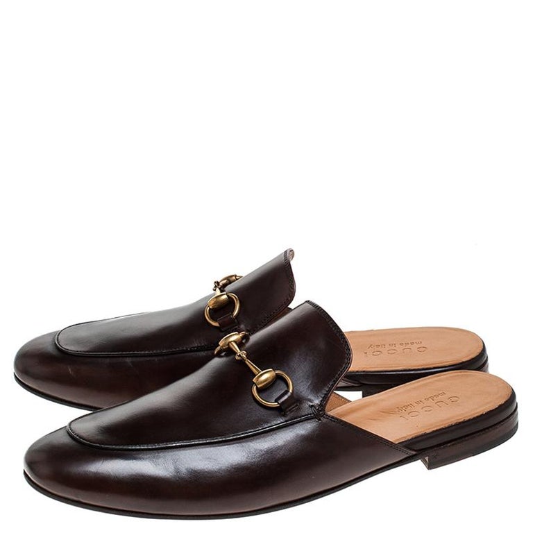 Gucci Brown Leather Horsebit Mules Size 44 For Sale at 1stDibs