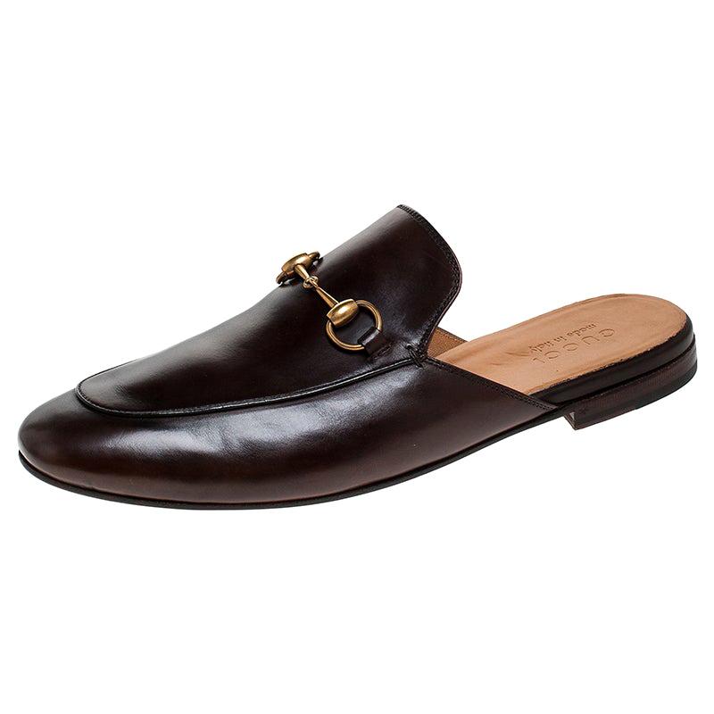 Gucci Brown Leather Horsebit Mules Size 44 For Sale at 1stDibs