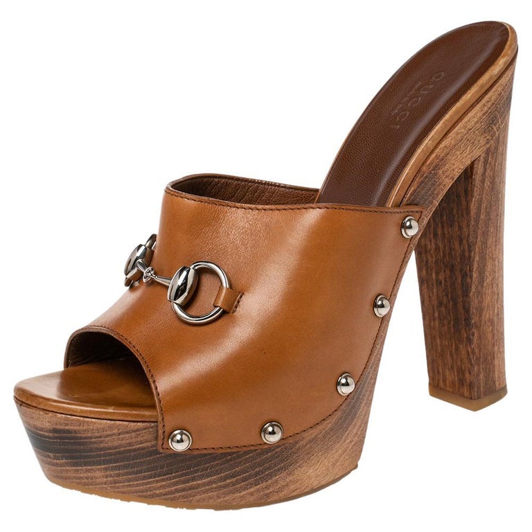 Gucci Brown Leather Horsebit Peep Toe Clogs Sandals Size 38.5 at 1stDibs