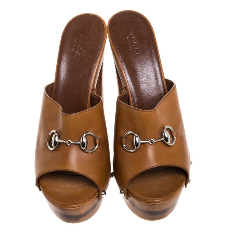 Gucci Brown Leather Horsebit Peep Toe Clogs Size 41 at 1stDibs